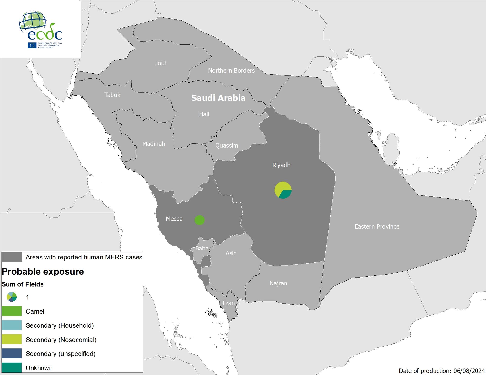 Geographical distribution of confirmed cases of MERS in Saudi Arabia by ...