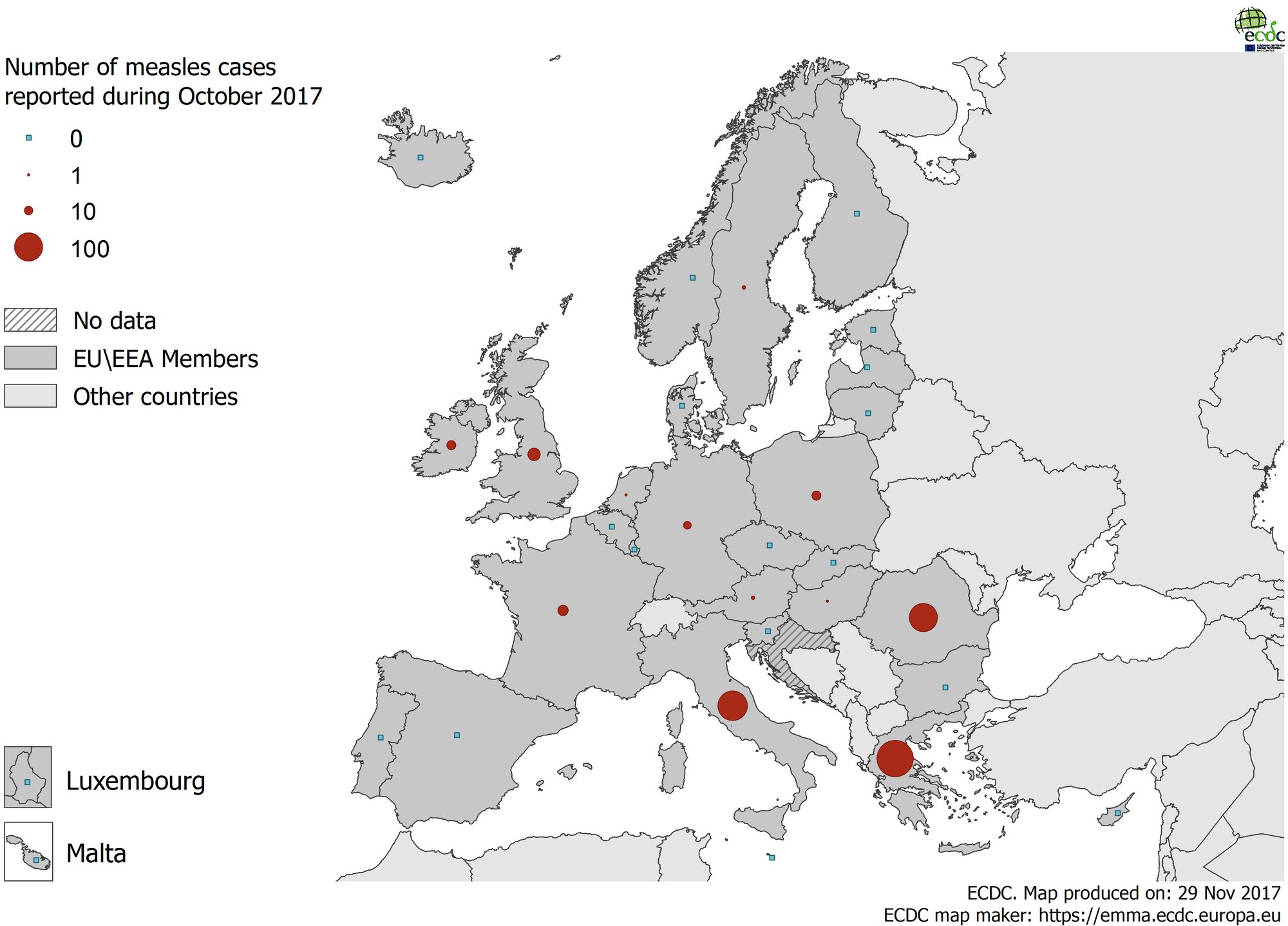 Distribution of measles cases by country, October 2017, EU/EEA countries