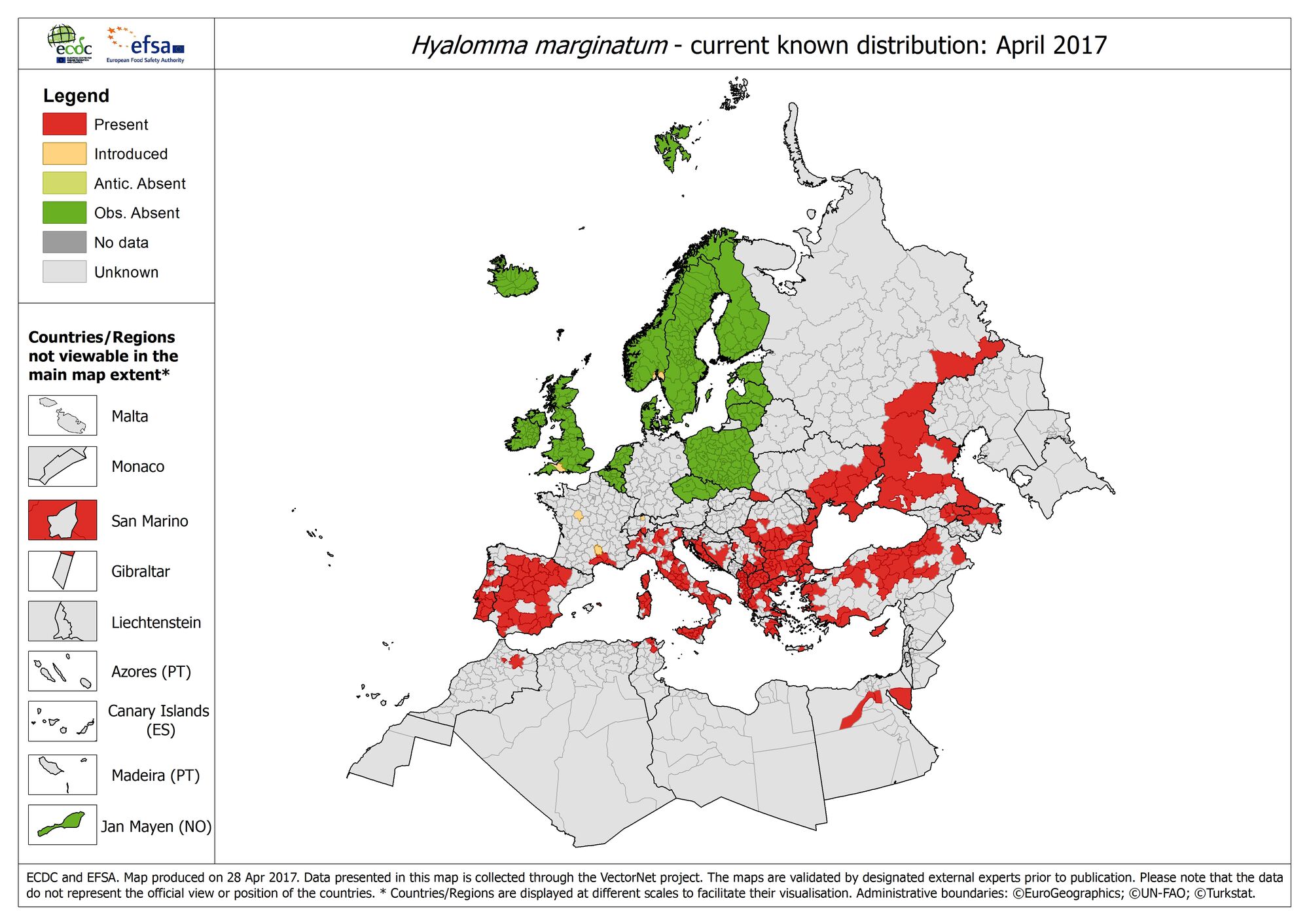 Hyalomma marginatum - current known distribution in Europe, April 2017